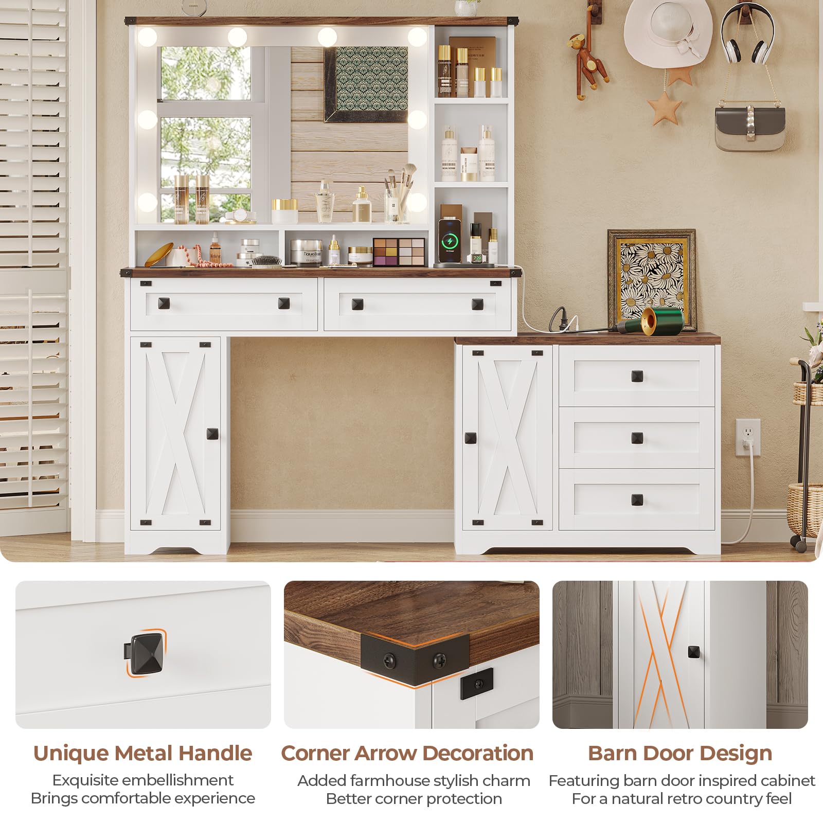 Hasuit 56.5" Makeup Vanity Desk with Hollywood Makeup Mirror, Farmhouse Vanity Desk with Charging Station, Large Vanity Table with Open Shelves & 5 Drawers & 2 Cabinets for Bedroom, Lights Adjustable