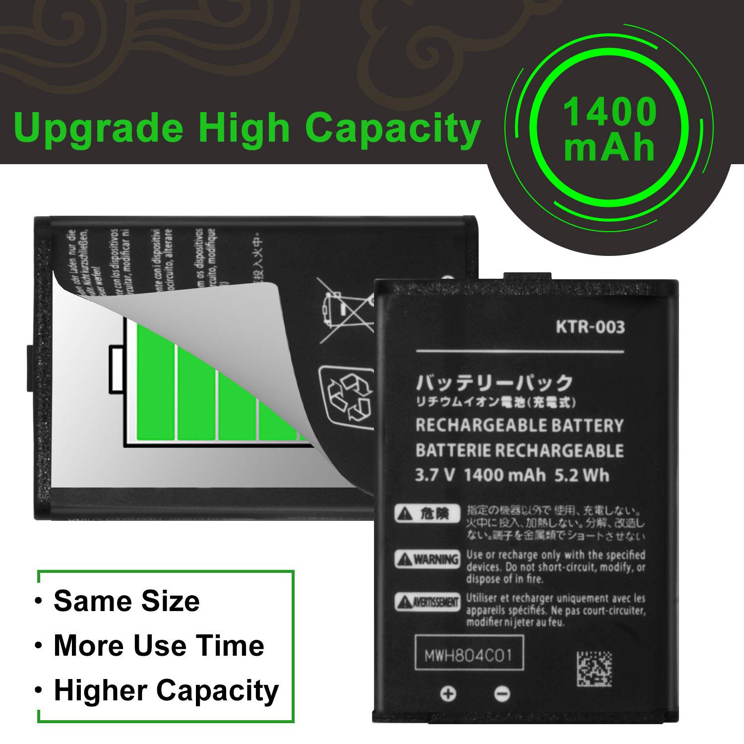 WUHAO Replacement Battery KTR-003 Battery for Nintendo MWH710A01 New 3DS NN3DS with Adhesive Tape Tool Repair Kit