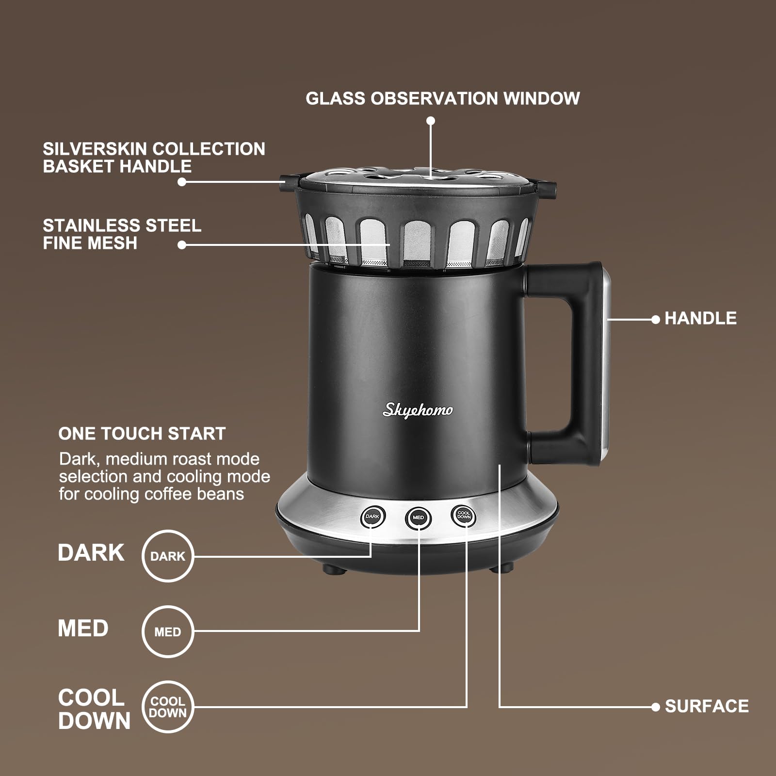 HOMOKUS Coffee Roaster,Coffee Roaster Machine for Home Use,Two Baking Modes Optional(Med and Dark),One-Touch Control Coffee Bean Baker Roaster with Cooling Mode