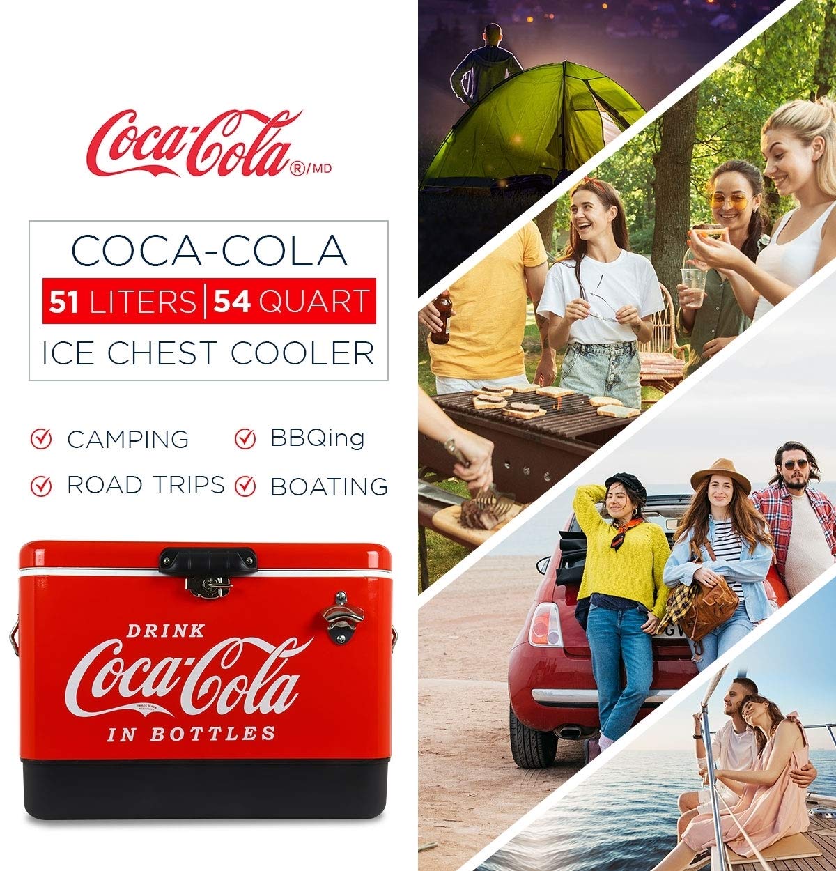 Coca-Cola Ice Chest Beverage Cooler with Bottle Opener, 51L (54 qt), 85 Can Capacity Portable Cooler, Red and Black, for Camping, Beach, RV, BBQs, Tailgating, Fishing