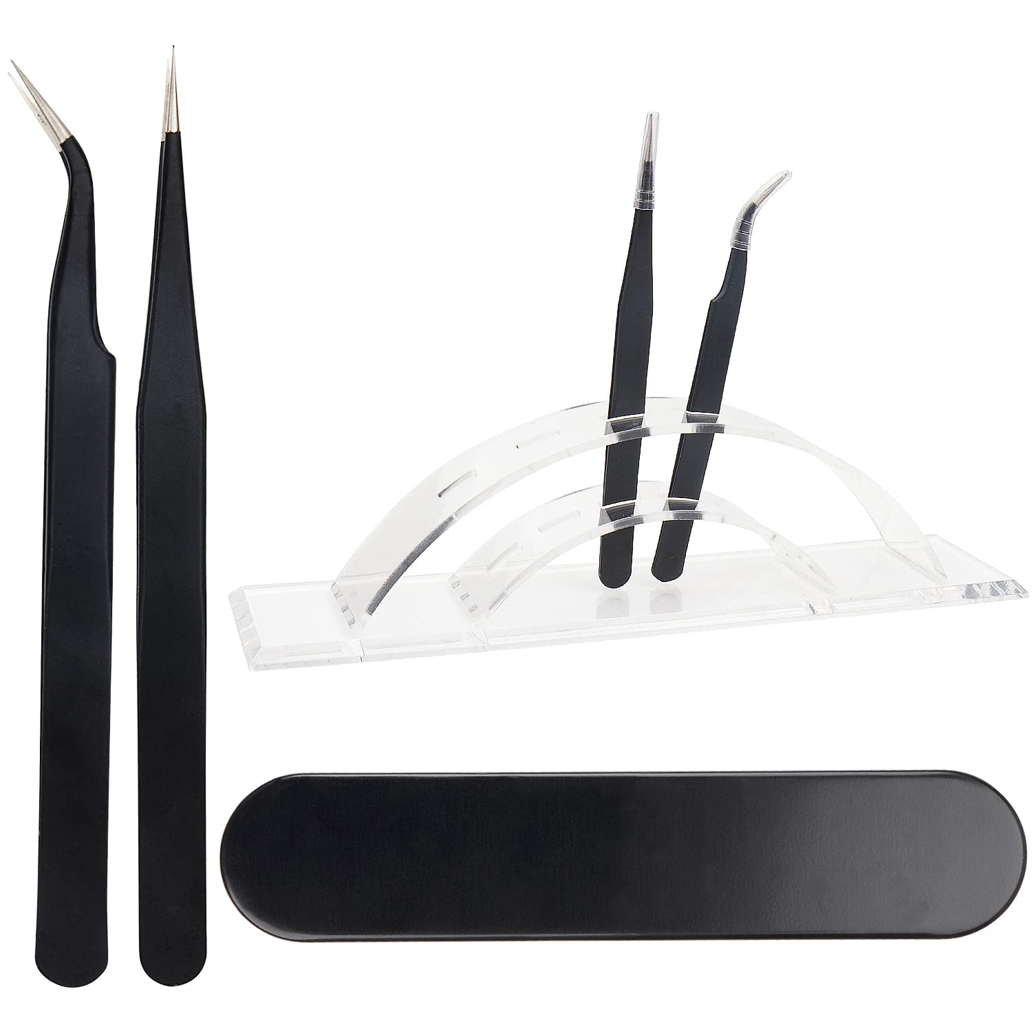 Eyelash Extension Tweezers Kit with 2pcs Black Tweezers and Storage Case, 6 HolesTweezer Display Stand,fit Lash Extension Professional Makeup Tool (Black)