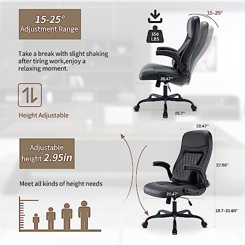chizzysit Ergonomic Executive Office Chair with Airbag Lumbar Support,Comfortable Leather Office Desk Chair with Flip-up Arms,Computer Desk Chairs with Wheels,Home Office Desk Chairs
