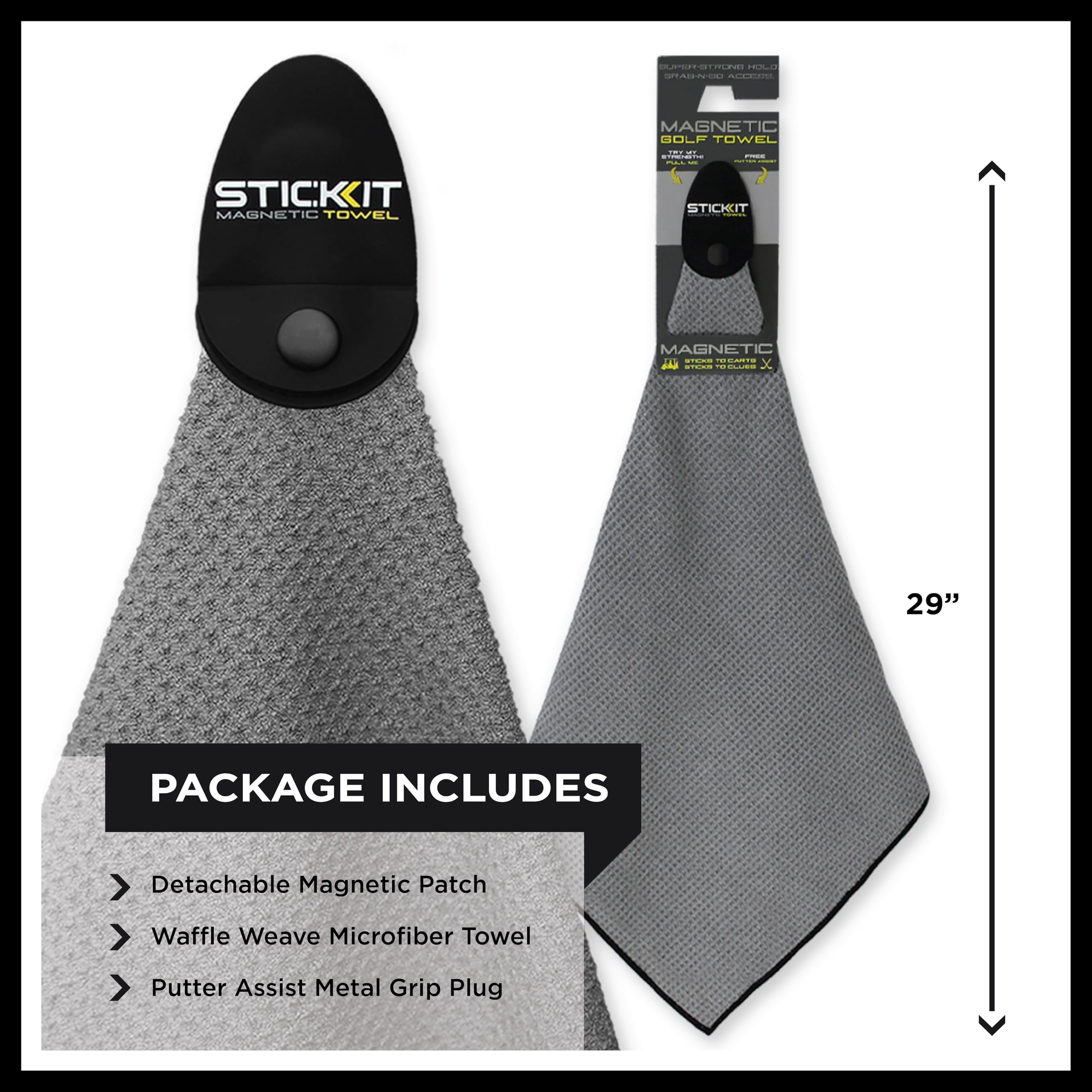 STICKIT Magnetic Golf Towel, Premium 29" Microfiber with Deep Waffle Pockets, Industrial Strength Magnet for Secure Hold to Golf Carts & Clubs, Ultra-Absorbent, Fast-Drying, Easy-Clean Design