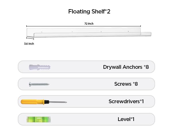 HBlife Acrylic Clear 2 Pack 72 Inch Floating Shelves, Picture Frames Display Rack Set of 2, Narrow Wall Mounted Picture Ledge Shelf for Living Room Bedroom Decor Books Photo Frames