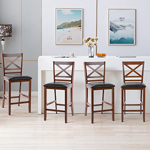 COSTWAY Bar stools Set of 4, Modern 25β Counter Height Dining Pub Stools with X-Shaped Backrest, Soft Cushion & Durable PU Seat, Simplistic Armless Kitchen Chairs for Home, Cafe Store, Restaurant (4)