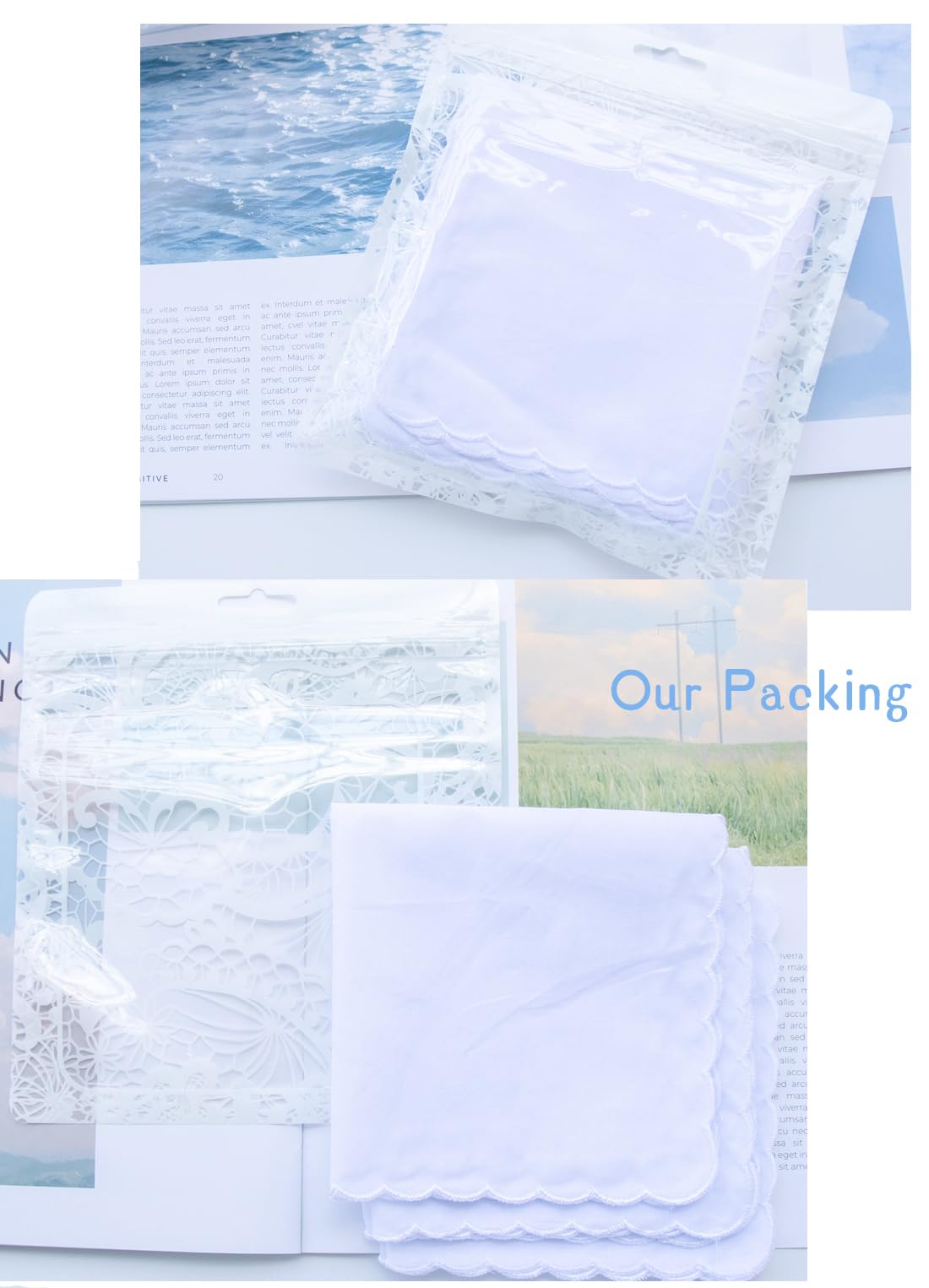 CoCoUSM White Handkerchiefs Premium 60s Cotton scalloped Hankies 11 Inches