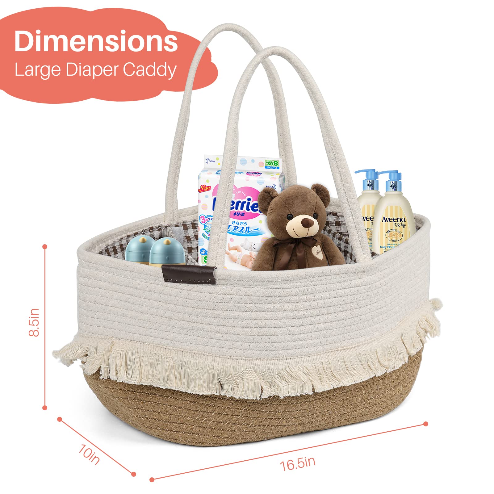 G.a HOMEFAVOR Baby Diaper Caddy Organizer - Extra Large Nappy Caddy Rope Nursery Storage Bin - Large Diaper Basket, 3 Compartments and 2 Removable Dividers, Brown