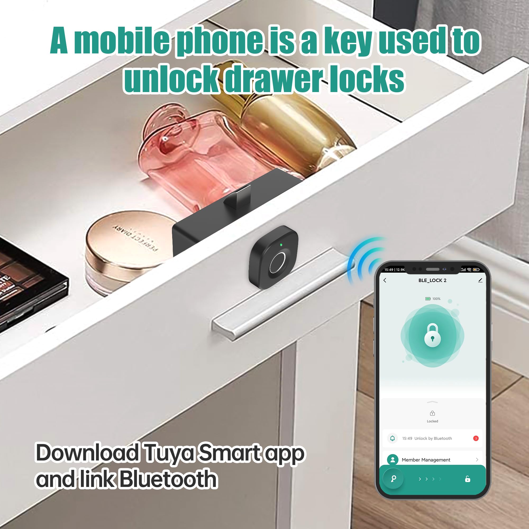 CODACE Bluetooth Fingerprint Cabinet Lock - Smart Biometric Drawer Lock with USB Key for Keyless Hidden File Cabinet and Office/Home Wooden Cabinet Drawer Storage