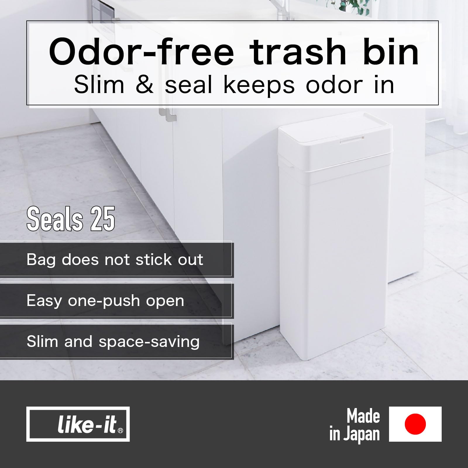 Like-it | LBD-02 | Odor-Free Trash Bin, Slim and Stylish | Odor Leakage Prevention, Kitchen, Living, Diaper and Pets | 13.2" × 6.7" × 24.6" | White | 6.6 gal