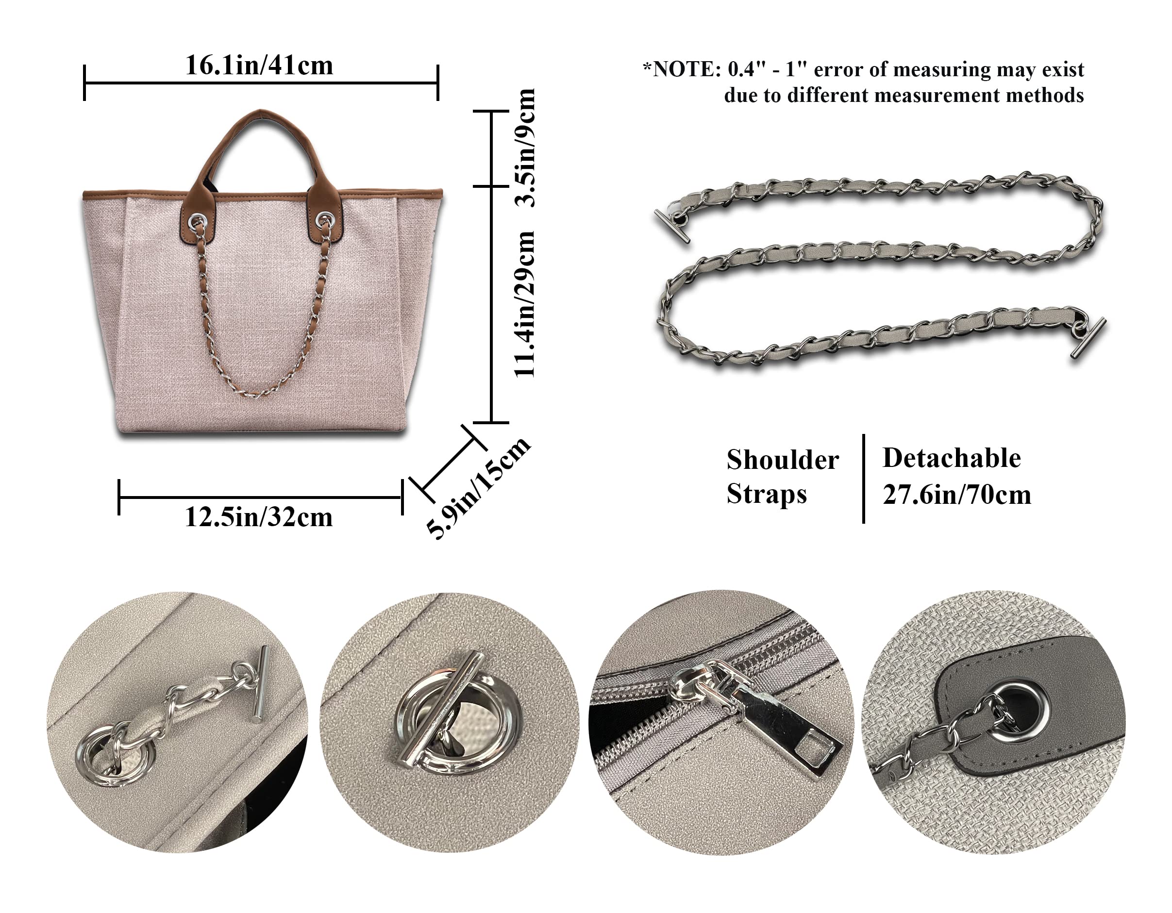 XACKWUERO Women Fashion Classic Canvas Bag Large-Capacity Shoulder Handbag Tote Shopper Bag with Chain Shoulder Strap (Khaki)
