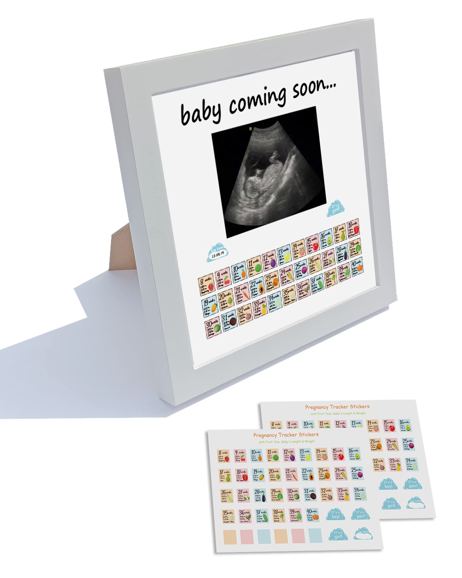 Ezyaid Ultrasound Picture Frame, Sonogram Photo Frame with Pregnancy Weekly Stickers for Baby Count Down Keepsake
