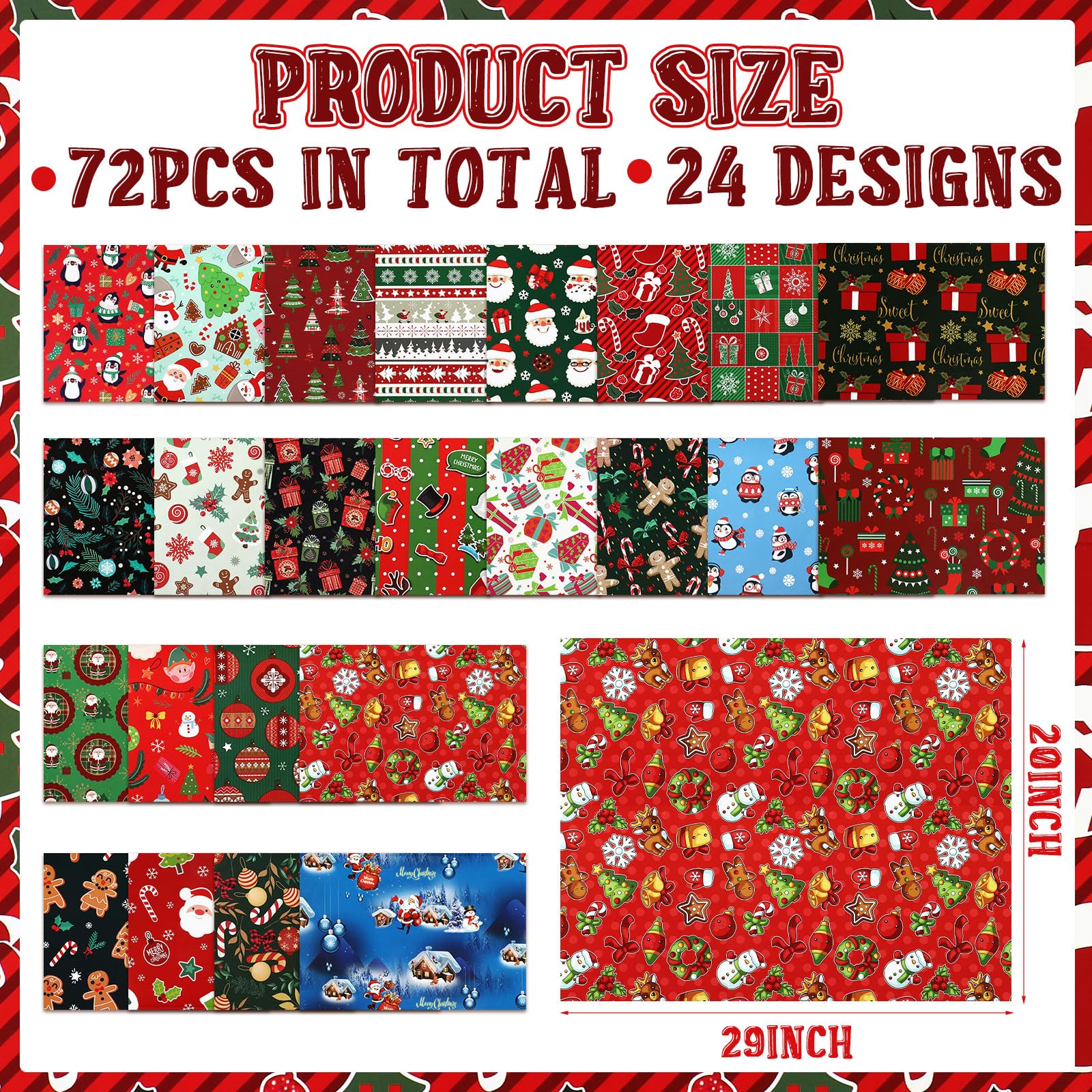 Cholemy 72 Sheets Christmas Gift Wrapping Papers 20" x 29" Holiday Santa Candy Canes Tree Snowflakes 24 Designs Gift Wrapper Folded Xmas Wrapping Sheets for Holiday, Party, Celebration, Folded Flat