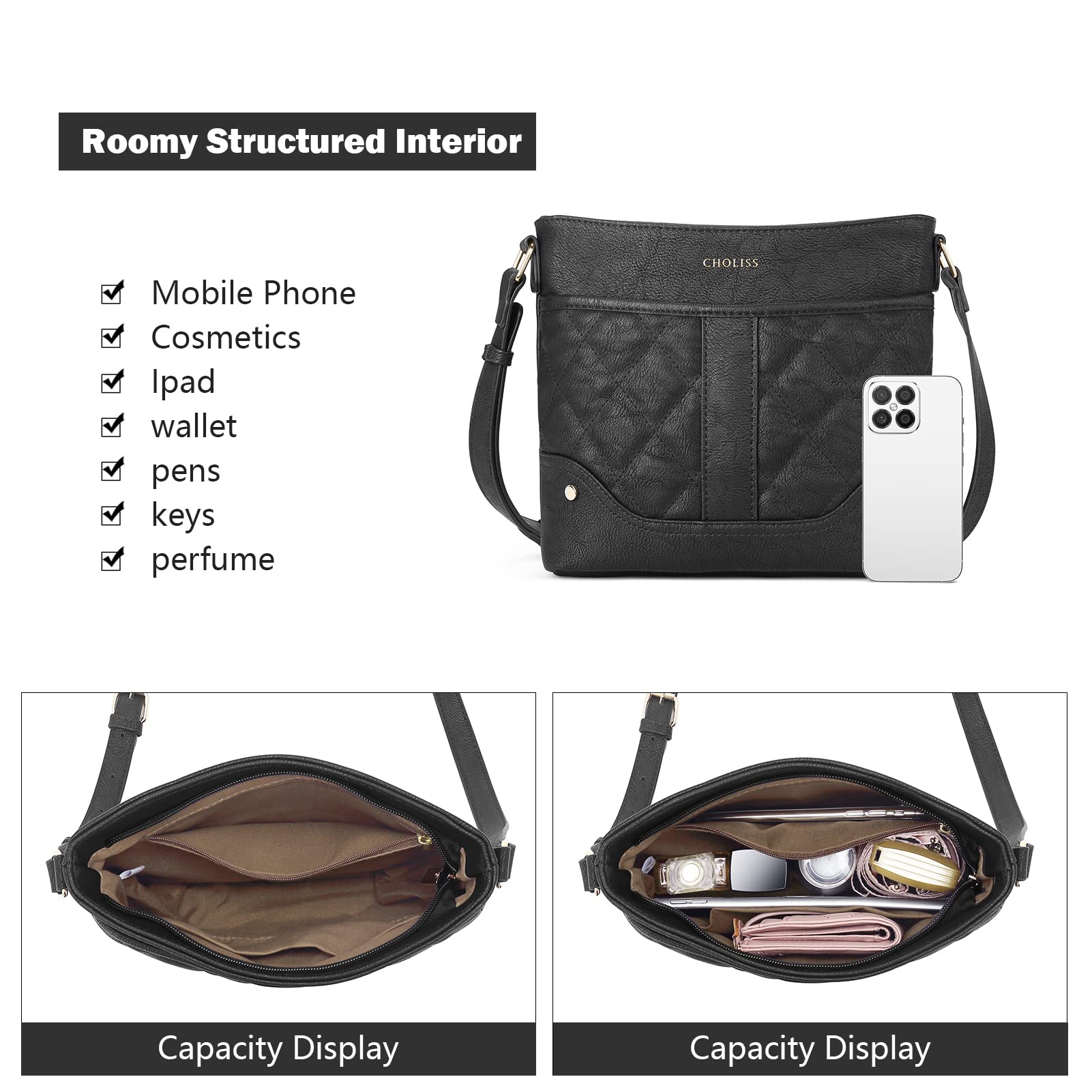 CHOLISS Crossbody Purse for Women, Medium Size Zipper Pocket Women Purse Bag Adjustable Strap,Retro Leather Shoulder Handbag, Black