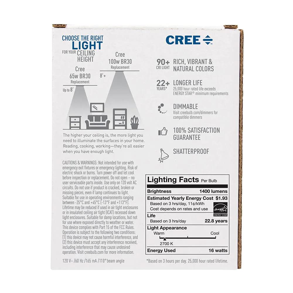 Cree Lighting Exceptional Series BR30 Bulb, 2700K Dimmable LED Bulb, 100W + 1400 Lumens, Soft White, [4] 1 Packs (TBR30-14027FLFH25-12DE26-1-11004S-D-MP)