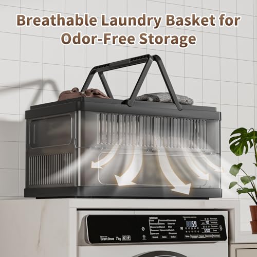 HAIXIN HOME Upgrade 86L Large Collapsible Laundry Basket Black, Stackable Storage Bins Plastic, Foldable Laundry Hamper, Dirty Clothes Hamper with Handles for Laundry/Bedroom, Dorm Room Essentials