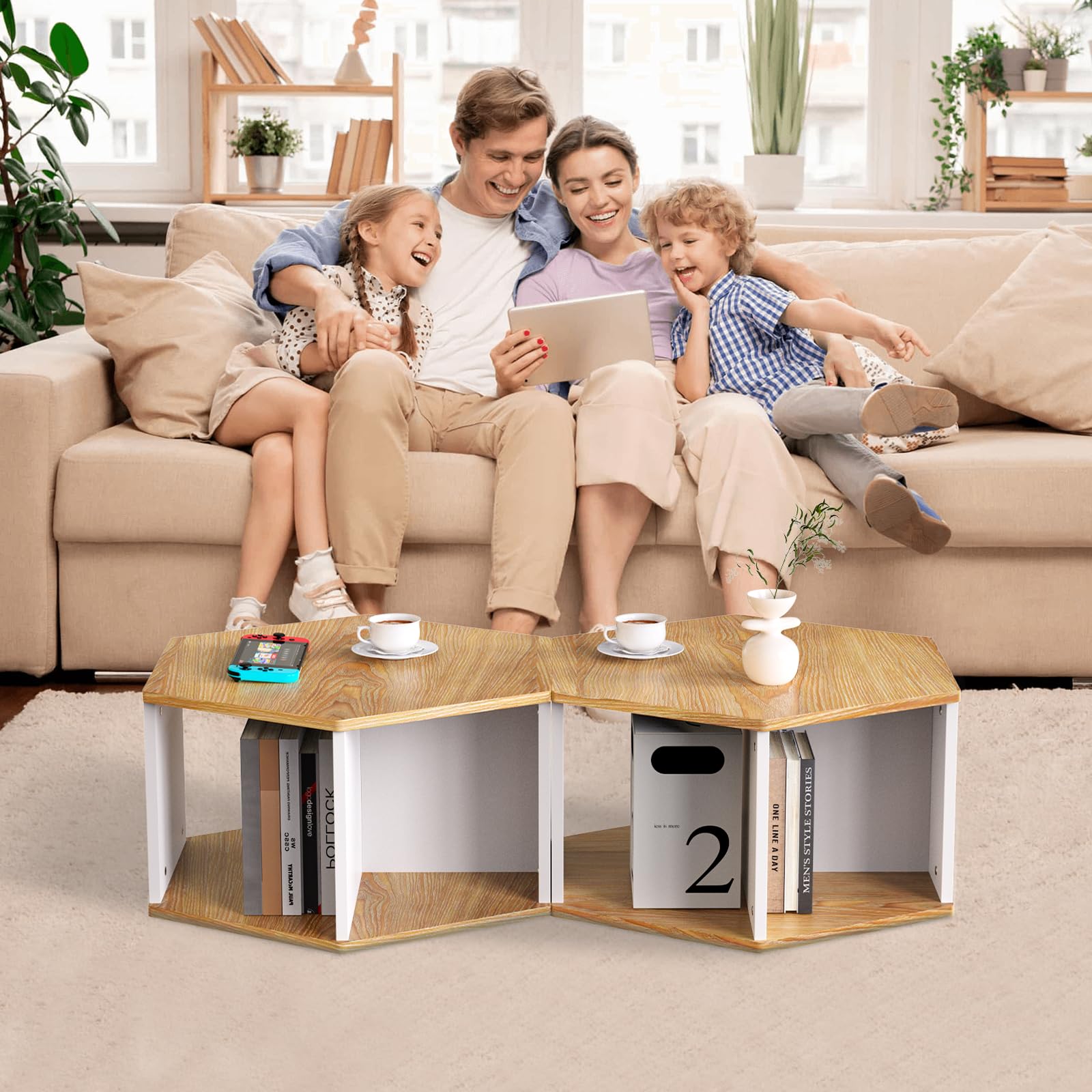 Coffee Table, Modern Decorative Coffee Center Table, Geometric Wood Coffee Table for Living Room with Storage Compartment Space