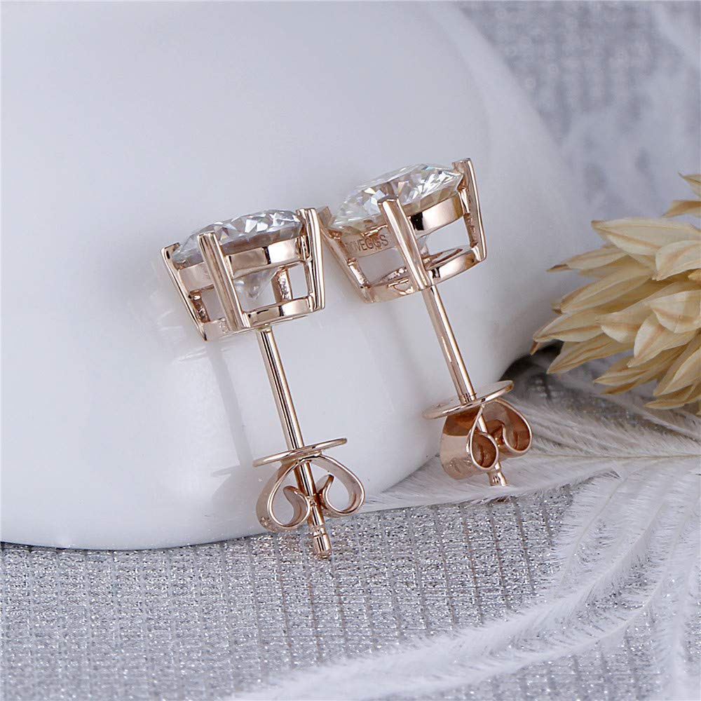 DovEggs Solid 14K Rose Gold 2ct 6.5mm G-H-I Color Heart Arrows Cut Moissanite Stud Earrings Push Back for Women