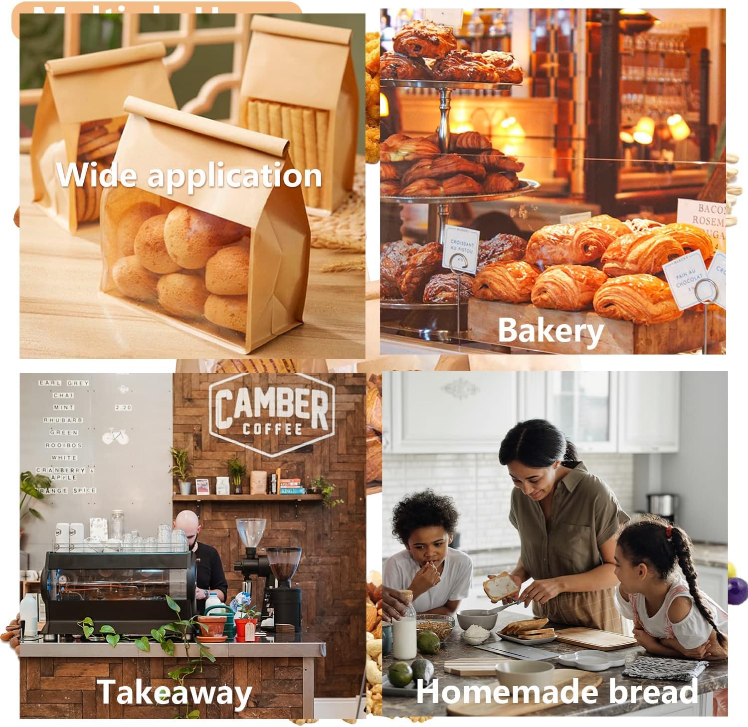 Heavy Duty Large Kraft Paper Bread Bags with Tin Tie Tab Lock 50pcs, Loaf Bag with Clear Front Window, Storage Packaging Treat Bag for Bakery Cafe Homemade Bread 10.6” × 4.3” × 8.7”