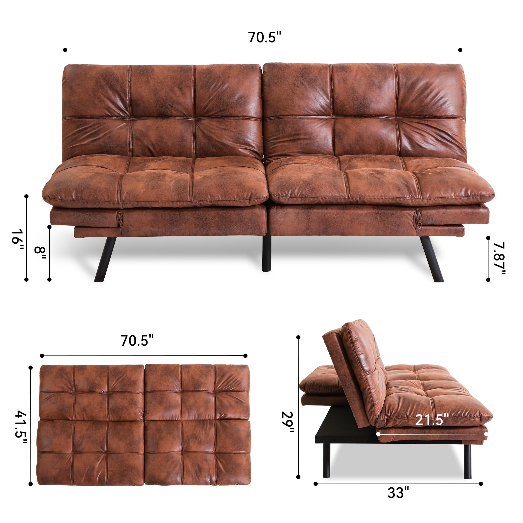 Hcore Futon Sofa Bed, Convertible Futon Couch with Memory Foam, Fuax Leather Sleeper Sofa Couches for Living Room, Apartment,Bedroom, Brown