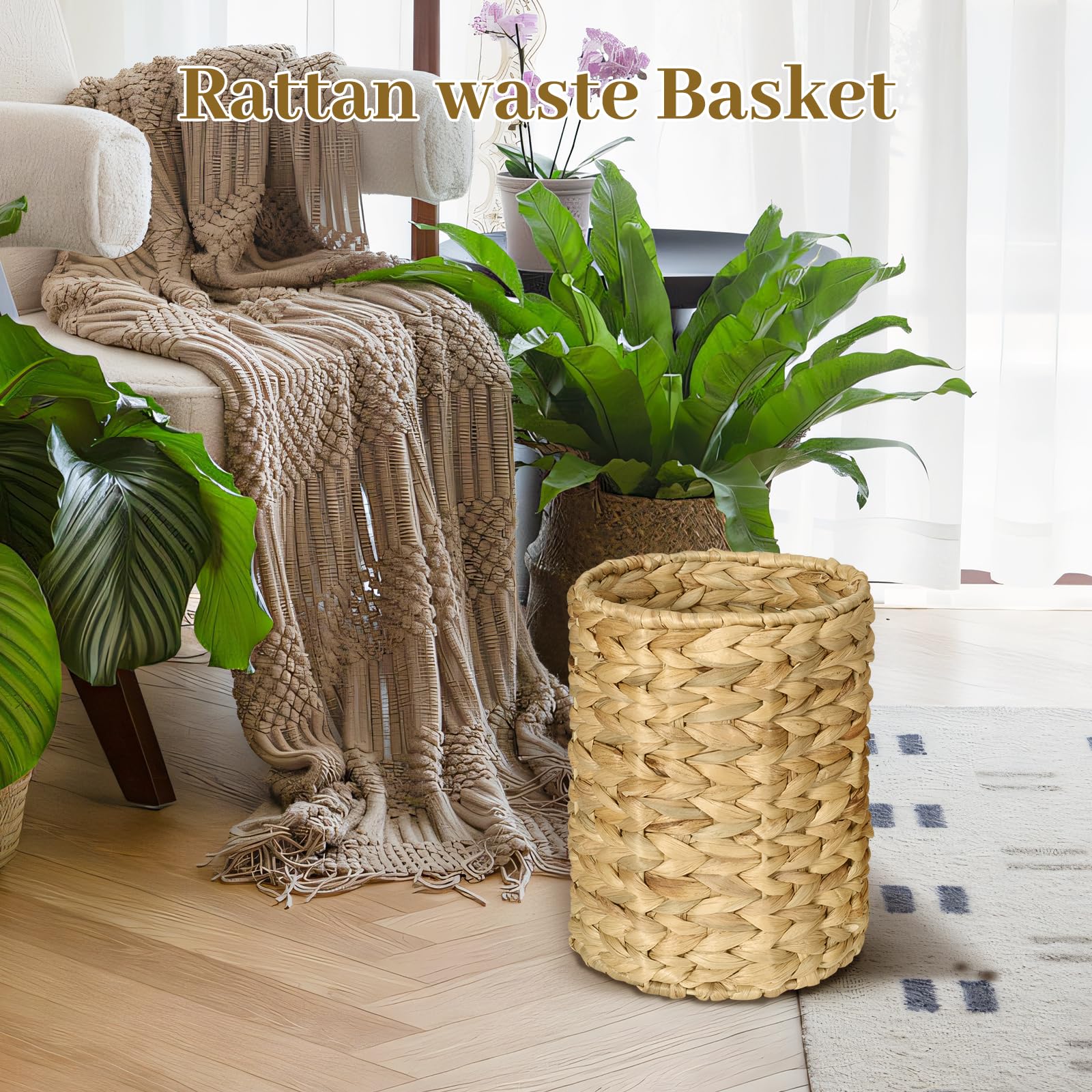 hardcometrue Boho Wicker Trash Can with Lid,Bathroom Trash Can with Trash Bags Hand Woven Water Hyacinth Trash Basket for Kitchen Bedroom Office