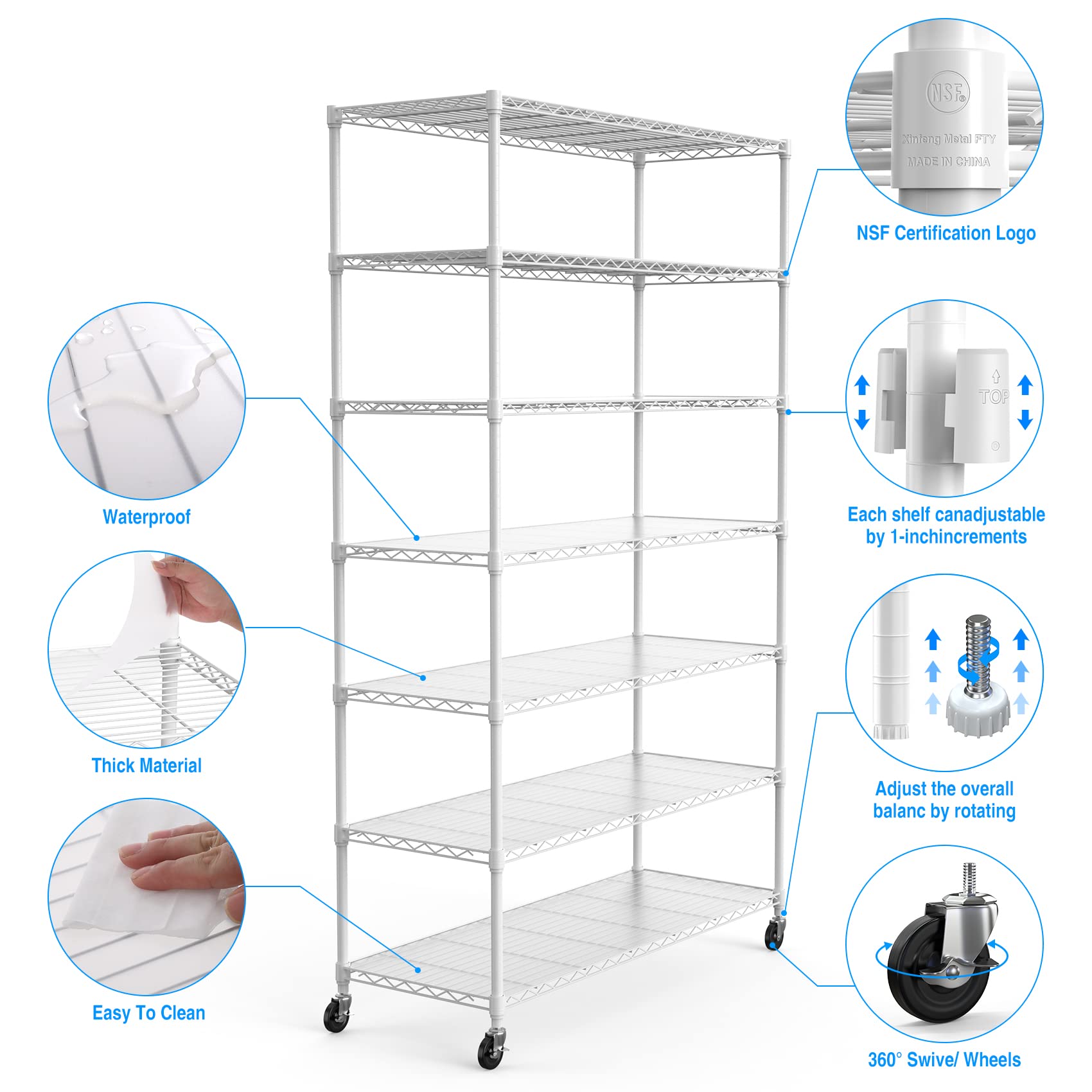 Heavy-Duty Wire Shelving Unit - 7-Tier, 2450lbs Capacity, NSF Certified, Adjustable Metal Storage Rack with Wheels & Liners, 82"H x 48"L x 18"D - Ideal for Kitchen, Garage, Closet, Basement - White