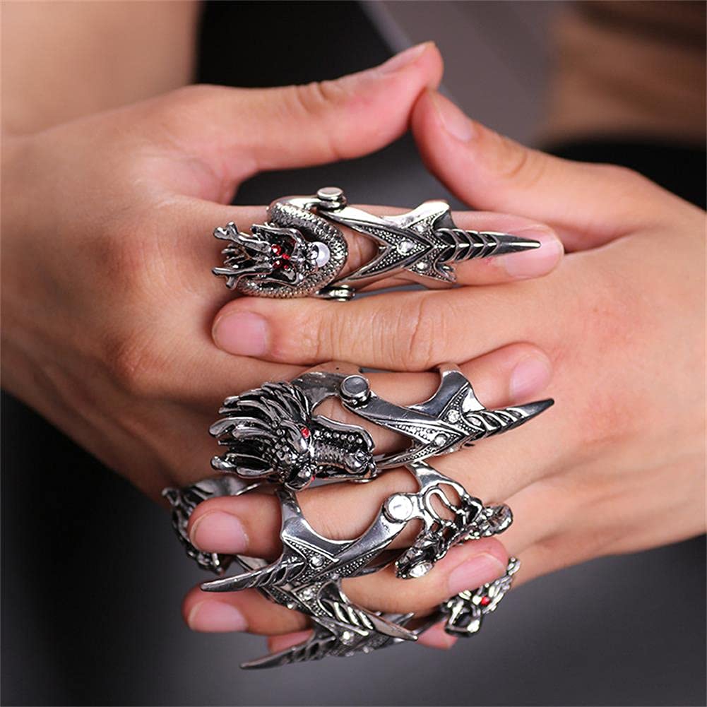 Dragon Knuckle Joint Full Finger Double Ring Punk Gothic Armour Cool Animal Dragon Claw Hinged Loop Activity Rings for Women Men Halloween Cosplay Costume Accessories Jewelry-D