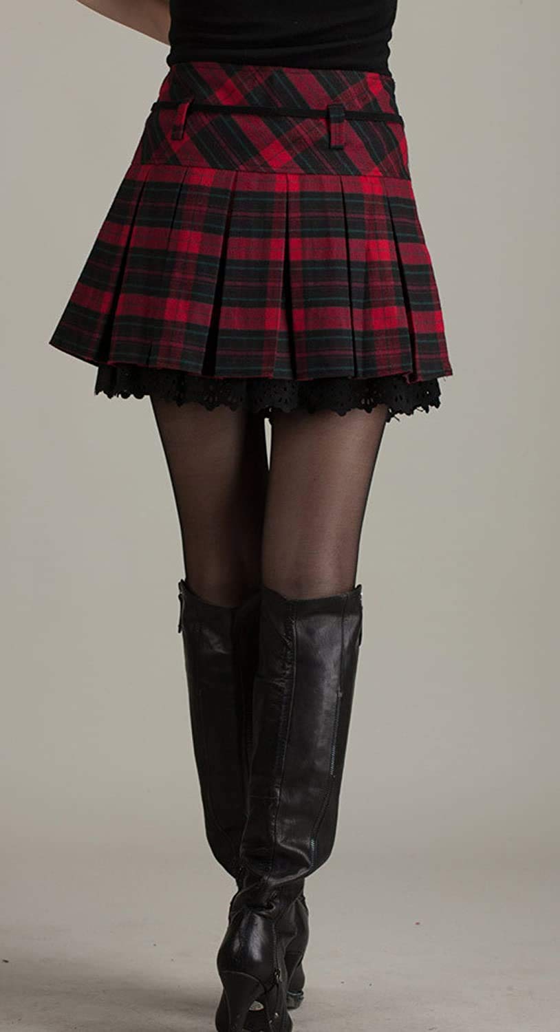 chouyatou Women's A-Line Plaid Wool Blend Pleated Skirt Side Zipper Medium Red