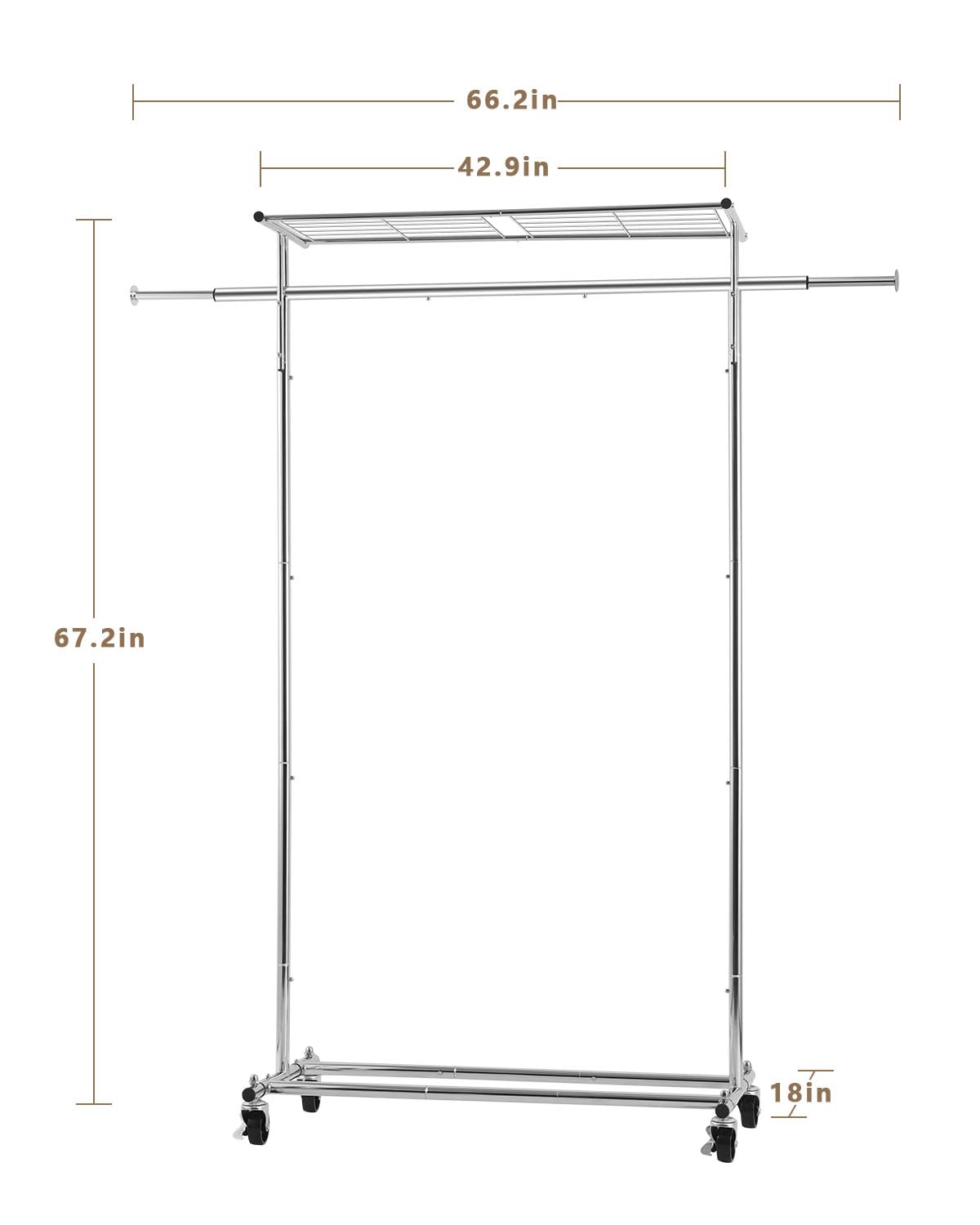 HOUSE AGAIN Clothes Rack on Wheels with Extra Top Storage Shelf, LARGE Rolling Garment Rack for Hanging Clothes, Heavy-duty Metal Clothing Rack Organizer for Bedroom, Living Room -Silver