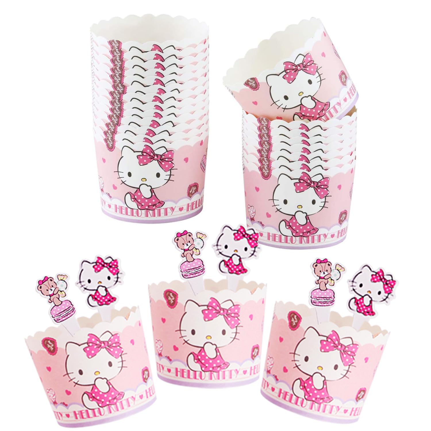 CHEFMADE 25 Pack Baking Cups Liner, Hello Kitty Cupcake Liners with 25Pack Mini Card, Cupcake Paper Cups for Muffins Desserts, Bake Sales, Wedding Table Decor, Baby Showers, Party Treats