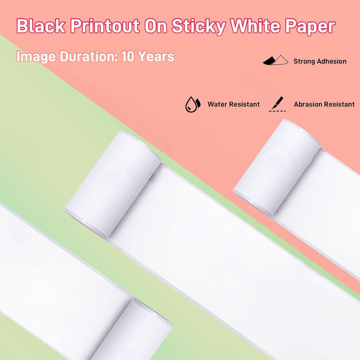 Ponek T02 Thermal Mini Sticker Printer Paper, White Self-Adhesive Paper, Black On White Paper for Journal, Photo, 50mm x 3.5m, 3 Rolls, Keep for 10 Years, Compatible with T02/M02X/M02L/Y02C/Q02