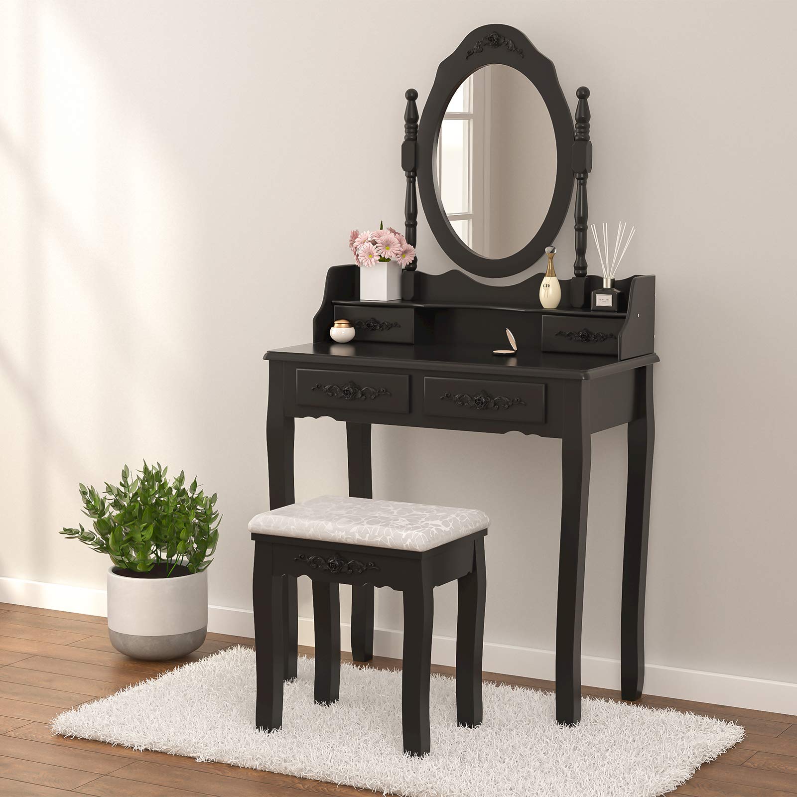 mecor Vanity Table Set/Oval Mirror,Wood Makeup Table w/4 Drawer Storage,Bedroom Dressing Table with Cushioned Stool for Girls Women Black