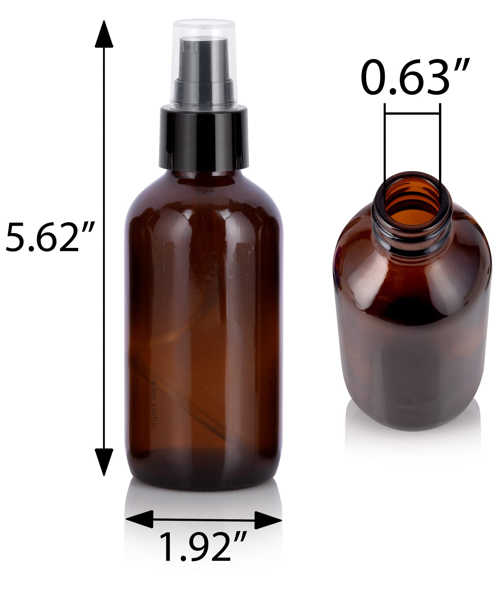 JUVITUS 4 oz Amber Glass Boston Round Bottle with Black Treatment Pump (4 pack) + Funnel