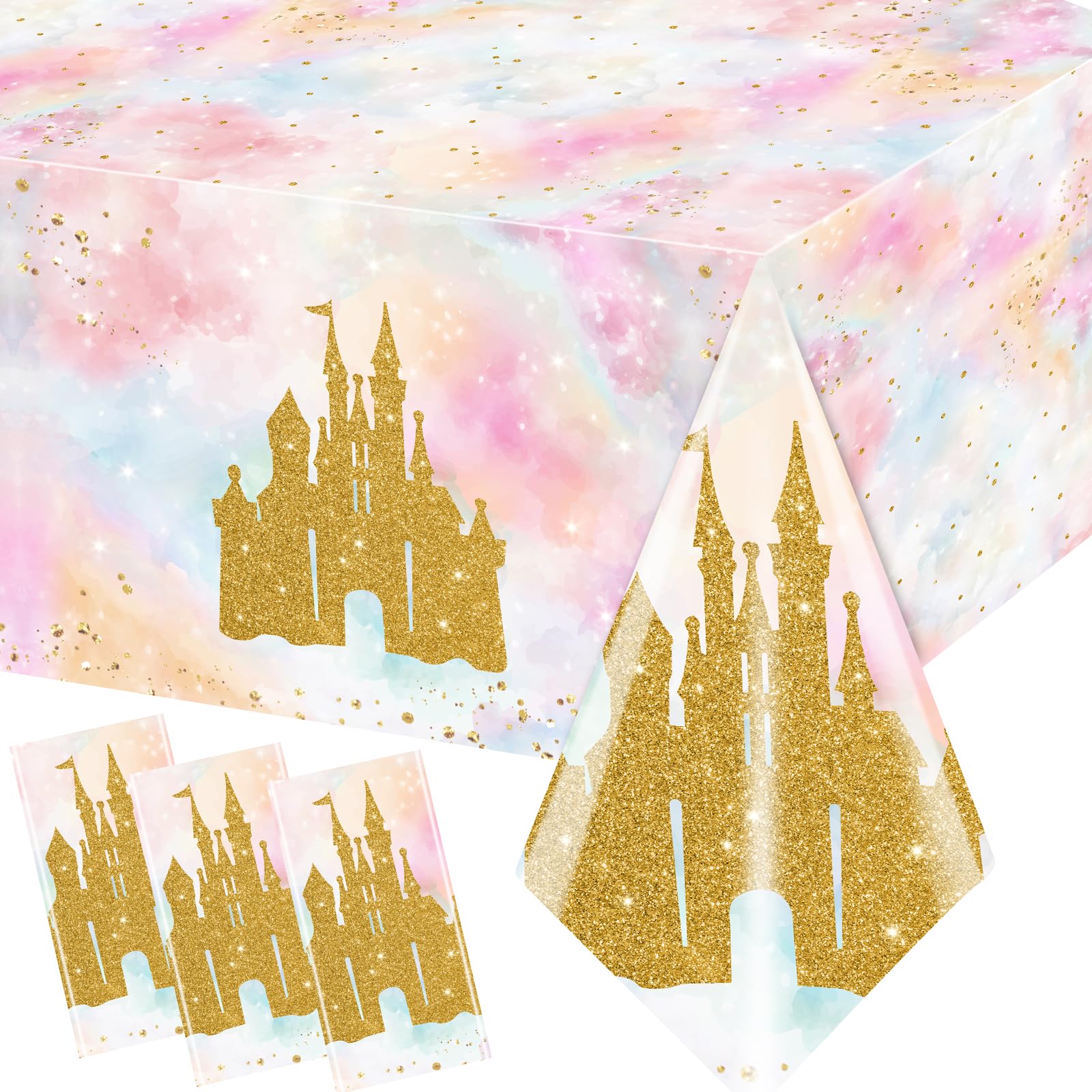 Juweked 3Pcs Princess Castle Tablecloth Rectangle Princess Table Cloth Pink Tablecloth Plastic Princess Table Decorations Pastel Table Cover Gold and Pink Princess Party Decor, 70.8" x 42.5"