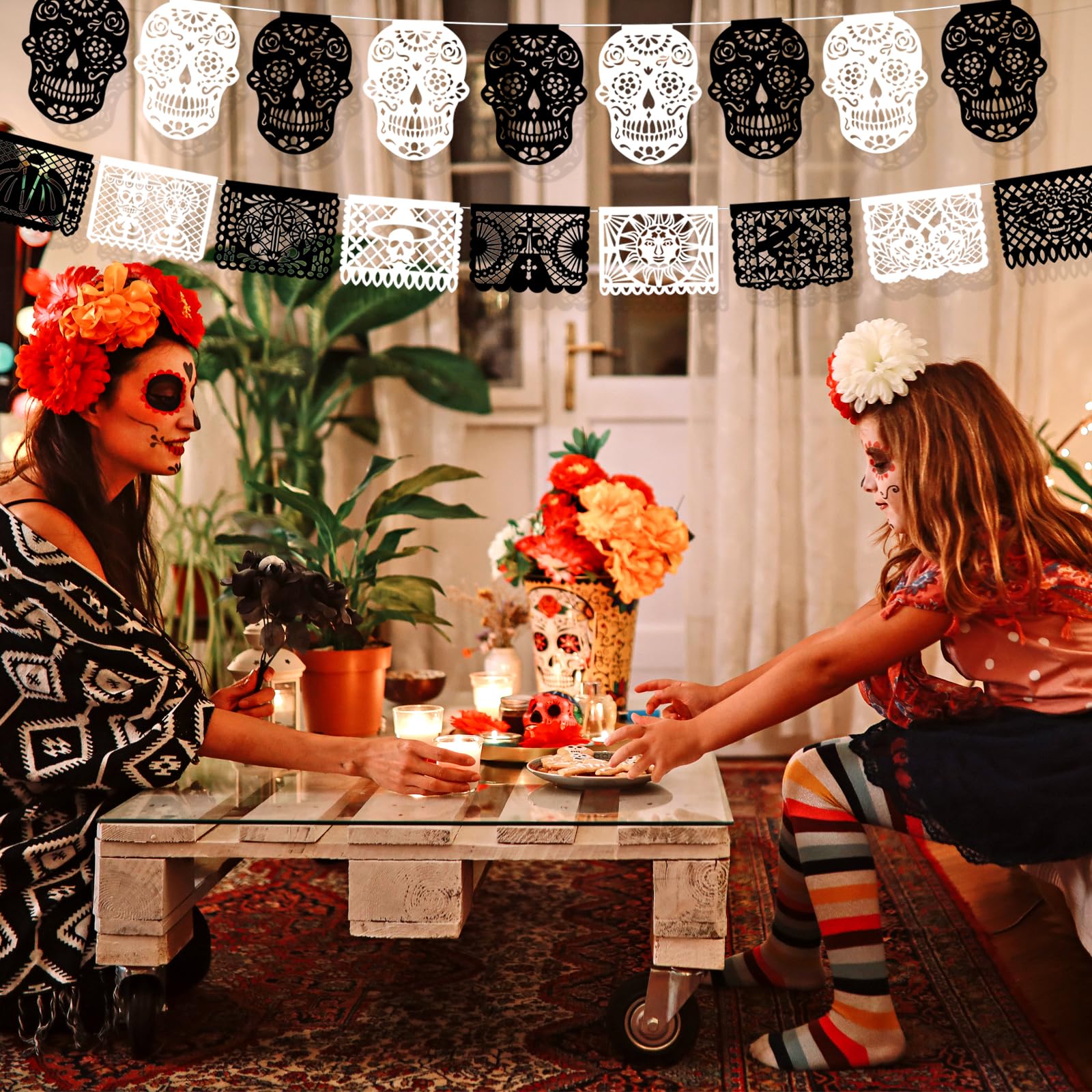 HOWAF 2 Pcs Plastic Papel Picado Day of The Dead Skull Bunting Banner Mexican Fiesta Banners Halloween Dia De Los Muertos Black White Skull Bunting Banner for Cinco De Mayo Decorations