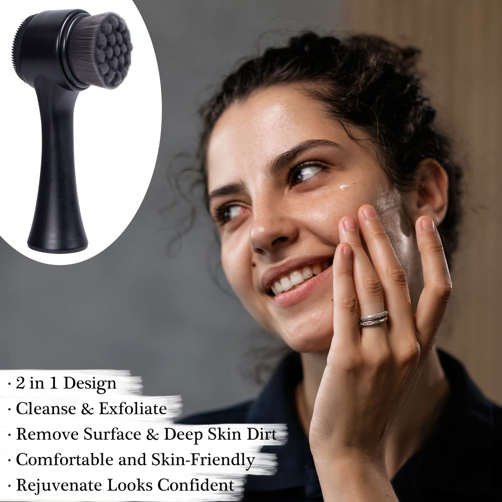 Facial Cleansing Brush 2 in 1, Ooloveminso Face Exfoliating Pore Deep Cleansing Brush, Ultra Fine Soft Bristle Dual Face Wash Brush, Silicone Face Scrubber for Skincare, Black