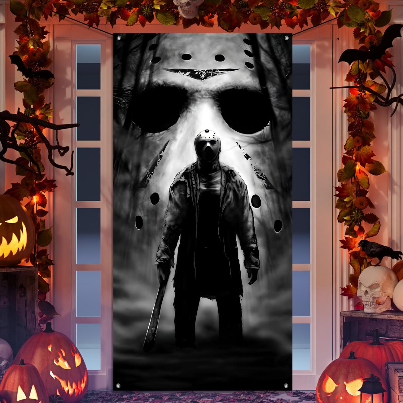 Halloween Decorations Outdoor Scary Halloween Door Cover with Horror Movie Character Killer for Halloween Birthday Decor Halloween Party Supplies Door Banner