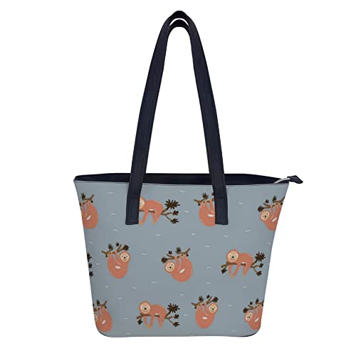 Cute Sloth on Tree Branches Women's Tote Bag PU Leather Shoulder Bag Handbags Purse For Work Shopping Travel