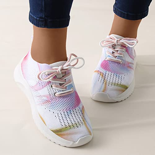 FASDNENDYS Ladies Fashion Color Mesh Breathable Round Toe Lace Up Low Top Flat Er Shoes Pink