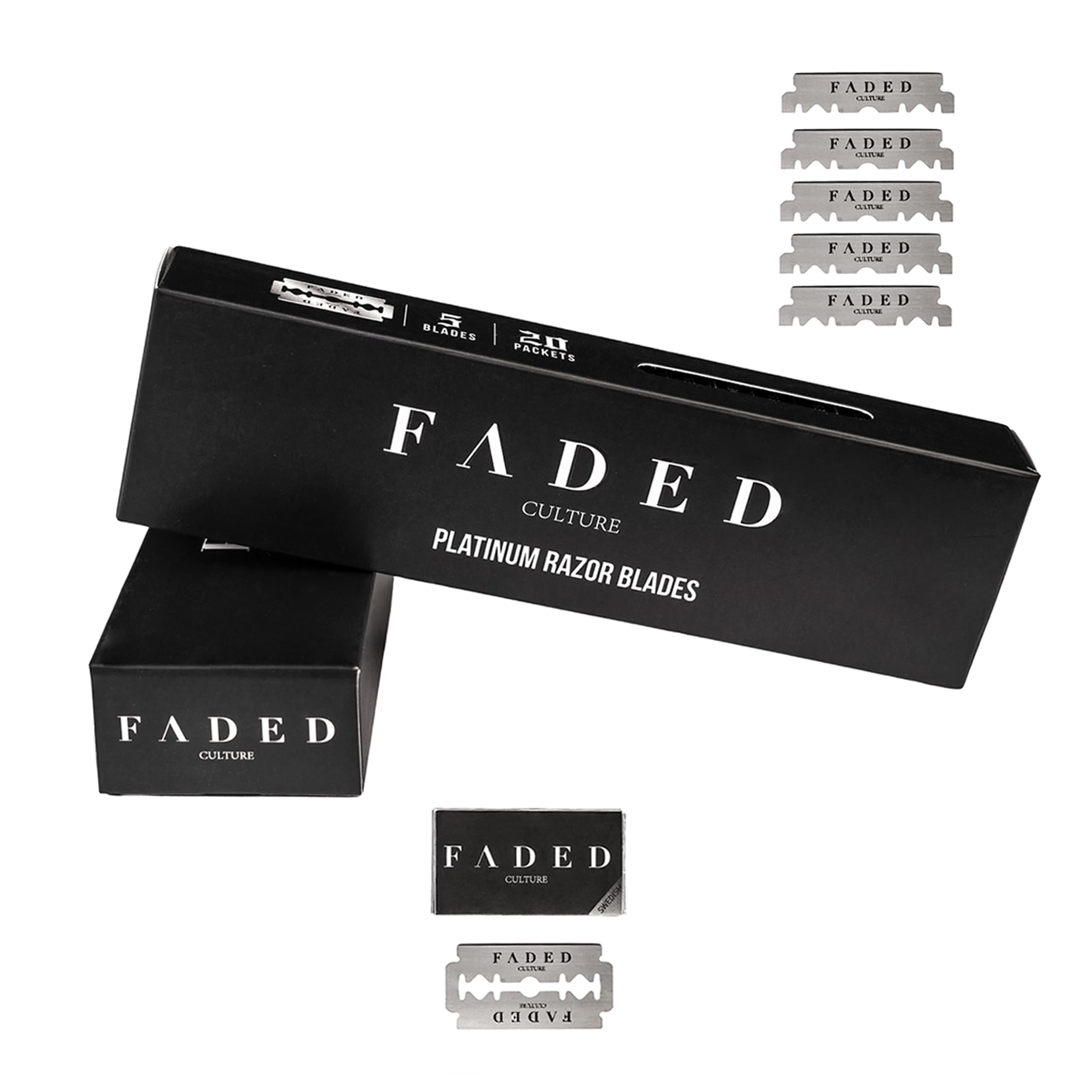 Faded Culture Double Edge Razor Blades for Men - Razor Blade Refills for Straight Edge Razors - Micro Grinded Stainless Steel, Platinum Coated, Individually Wrapped - 100 Double Edge Shaving Blades