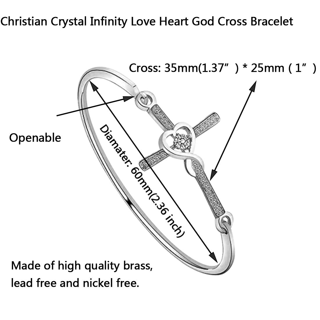 Christian Bracelet Infinity Love Heart God Cross Bracelet Crystal Sideway Cross Bangle Religious Gift for Women (Silver)