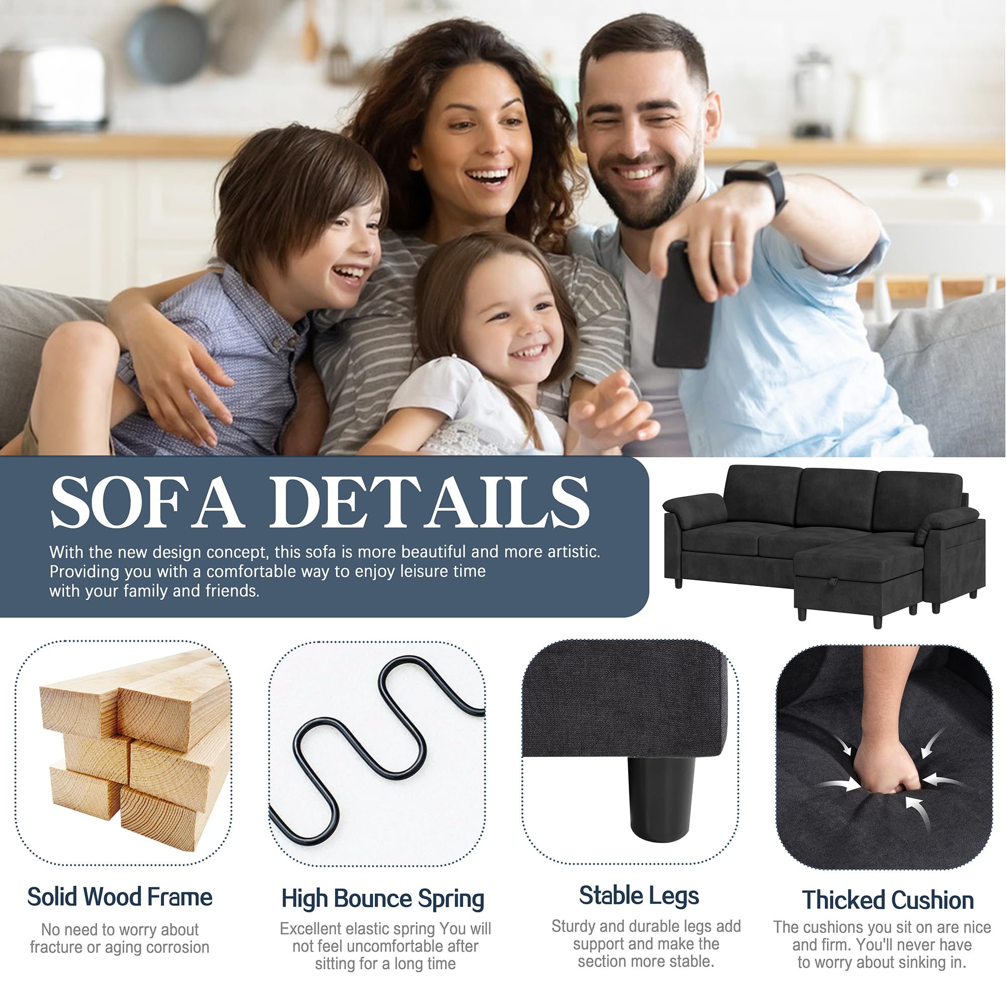 Meilocar 79" Sectional Sofa Couch, Sectional Couch with Storage Ottoman, Convertible L Shaped Couch with Armrests Side Storage Pockage, 3-Seat Sofa Couches for Living Room, Apartment, Black