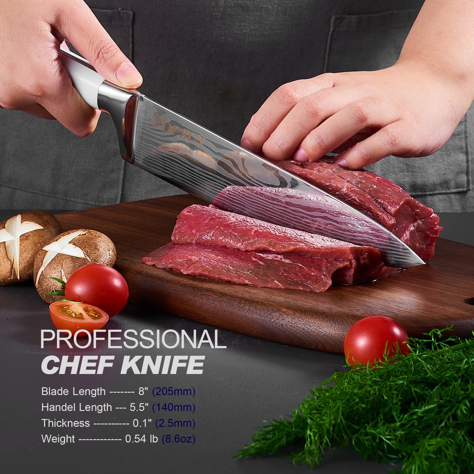 POPSUN Ultra Sharp Chef Knife, 8 Inch Kitchen Knife with Poultry Shear, Professional High Carbon Stainless Steel Chef Knife with Ergonomic ABS Handle