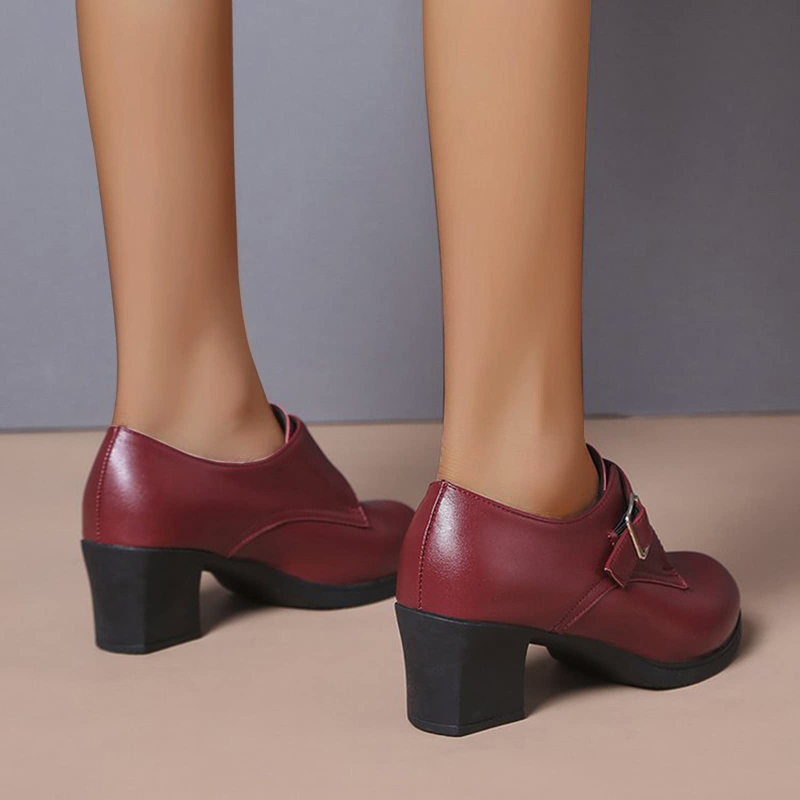 FASDNENDYS Ladies Fashion Solid Color Leather Belt Buckle Chunky High Heel Pumps Casual Shoes 2 Inch High Heels Wine