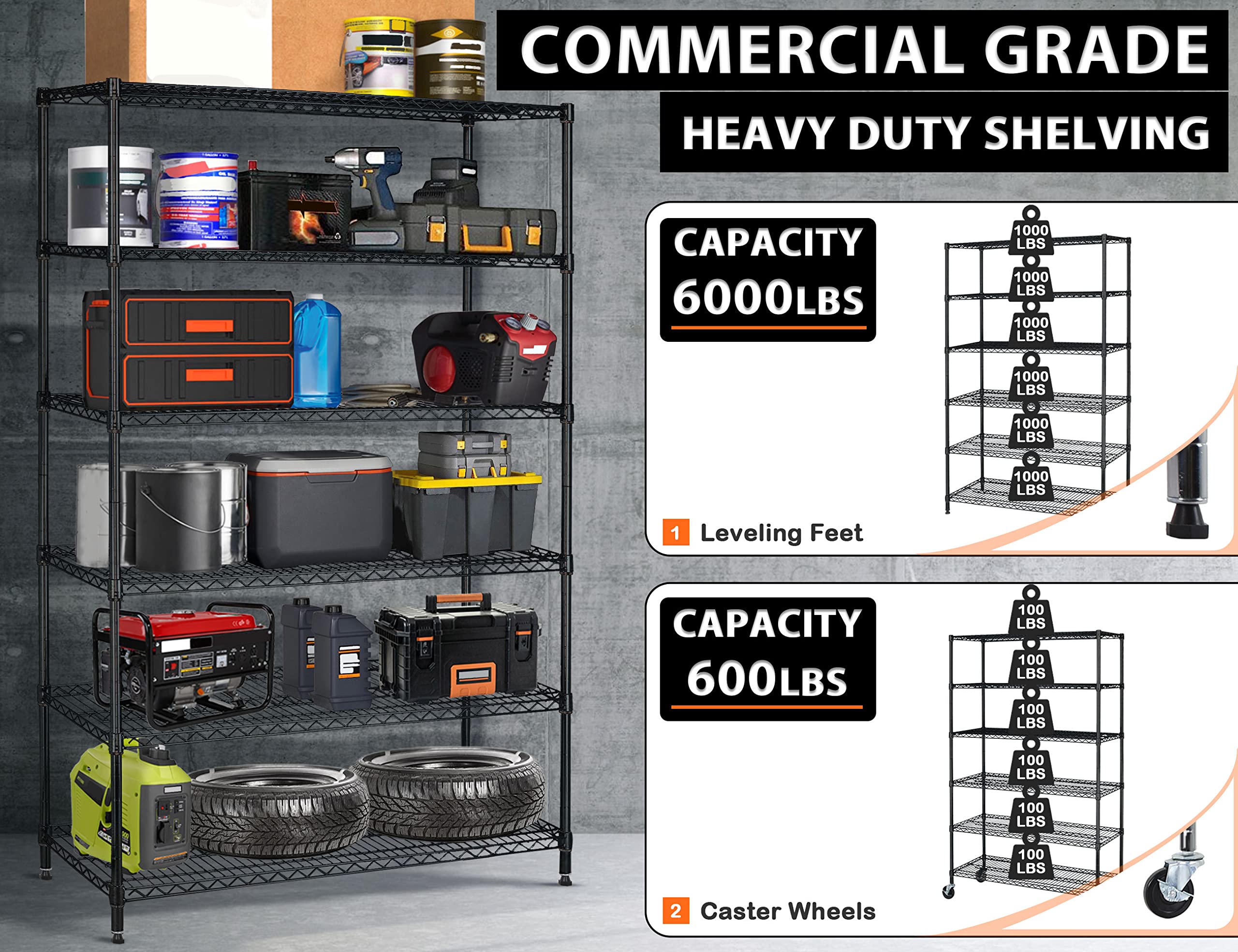 Garage Storage Shelves, 6000 Lbs Capacity NSF Certified Heavy Duty Garage Shelving with Wheels, 6 Tier Adjustable Metal Shelving for Garage Basement, Storage Rack Utility Shelf 48"Lx 18"Wx 78"H