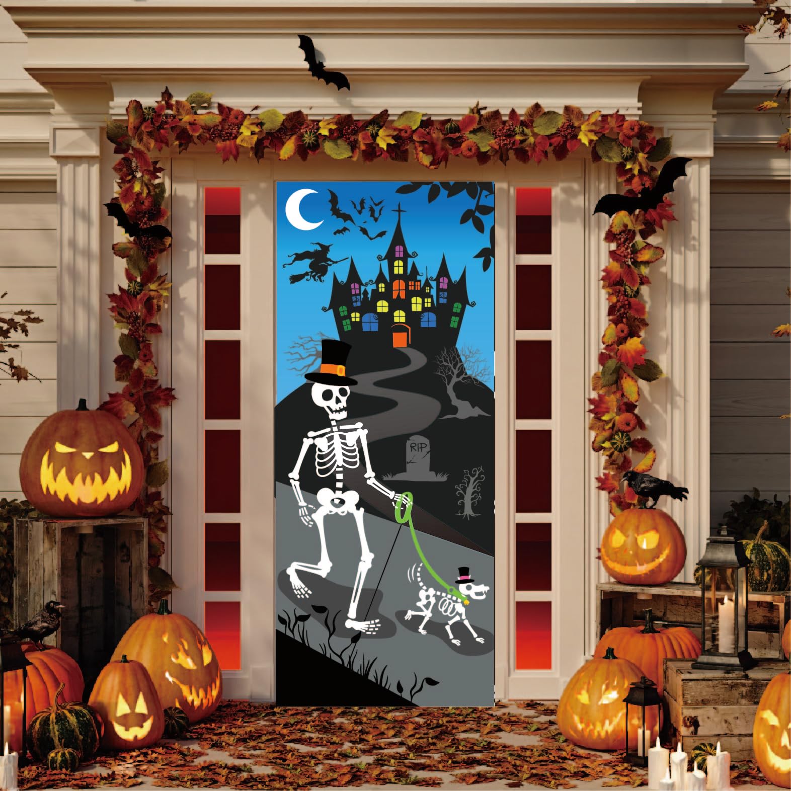 Halloween Door Cover Decorations Skeleton Door Cover Halloween Front Door Outdoor Indoor Covering Cartoon Backdrop Banner for Halloween Party,Birthday