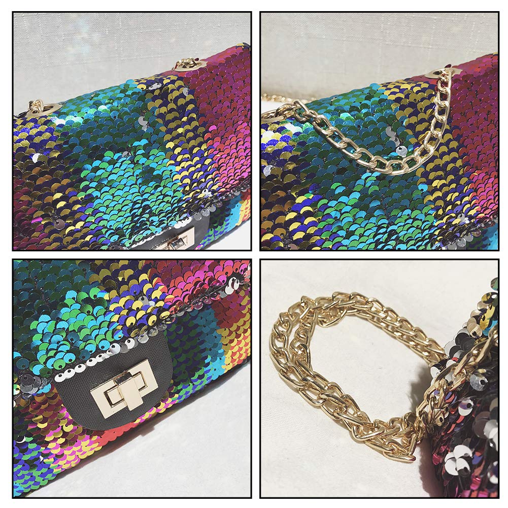 Sequin Crossbody Purse Shoulder Bags Rainbow Stylish Handbag Reversible Pouch with Chains for Girls Womens