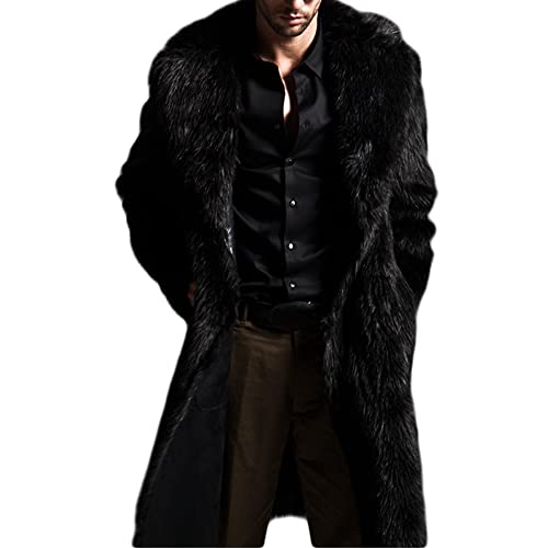 Colf Men's Winter Long Sleeve Turn Collar Faux Fur Coat Outwear Long Parka Jacket Overcoat (Black,3X-Large)