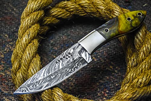 Damascus Hunting Knife with RamHorn + Bone Handle - Survival - Camping - Damascus Steel - Damascus Hunting with Sheath Fixed Balde-EveryDay Carry,Comabt,Hunting Skinning,Fire Starter,Ram Horn Handle With Brass Bolster. Art No26376