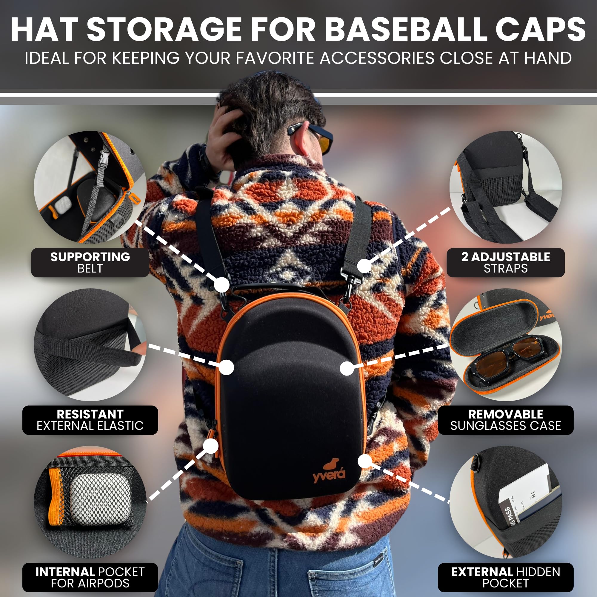 Hat Travel Case - Hat Carrier for Travel Hat Case for Travel with Sunglasses case, Airpods Pocket, 2 Straps - Baseball Cap holder organizer - Hat Storage for Baseball caps - yvera