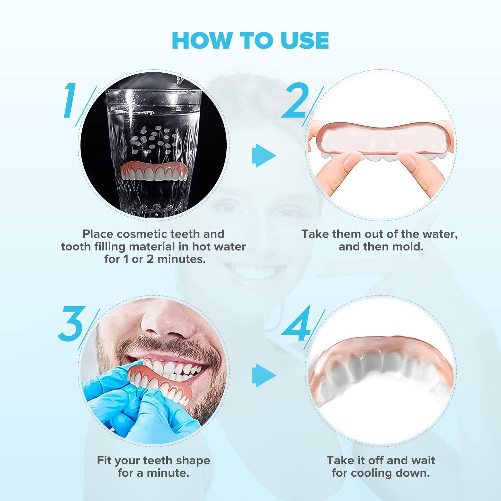 Fake Teeth, 6 PCS Dentures Teeth for Women and Men, Dental Veneers for Temporary Teeth Restoration, Nature and Comfortable, Protect Your Teeth and Regain Confident Smile, Natural Shade 6 PCS